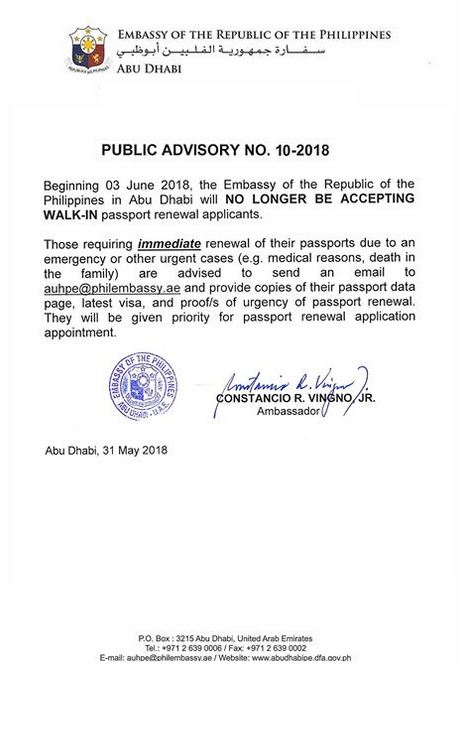 Philippine Embassy in Abu Dhabi will no longer accept “Walk-In” passport applicants - The ...
