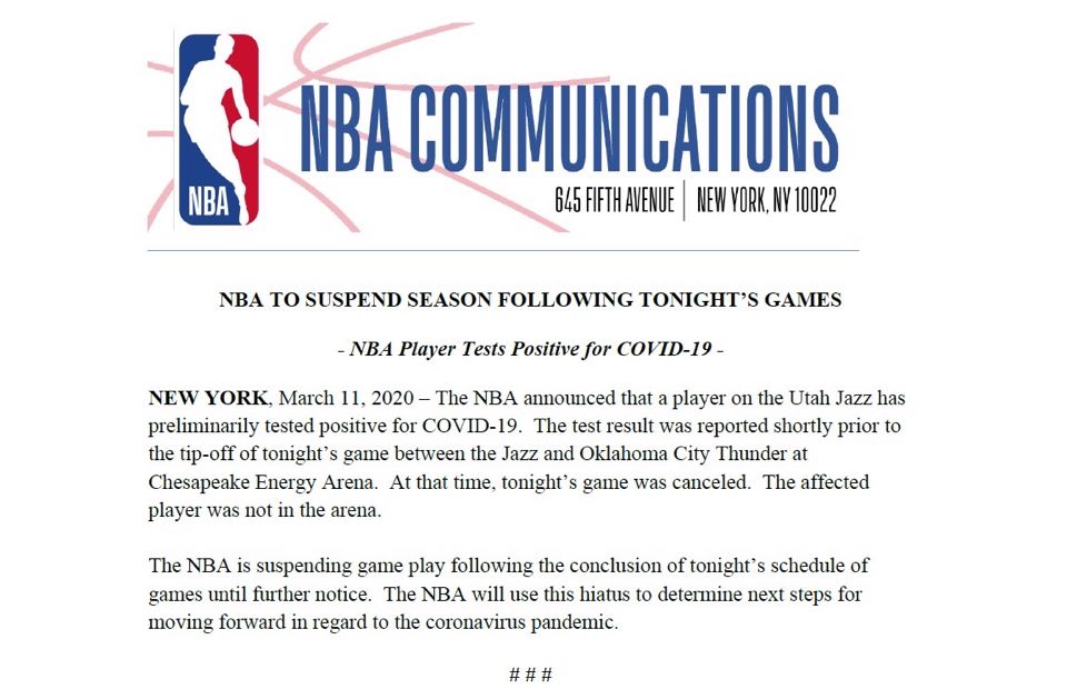 NBA suspends season after player tested positive for COVID-19 - The ...