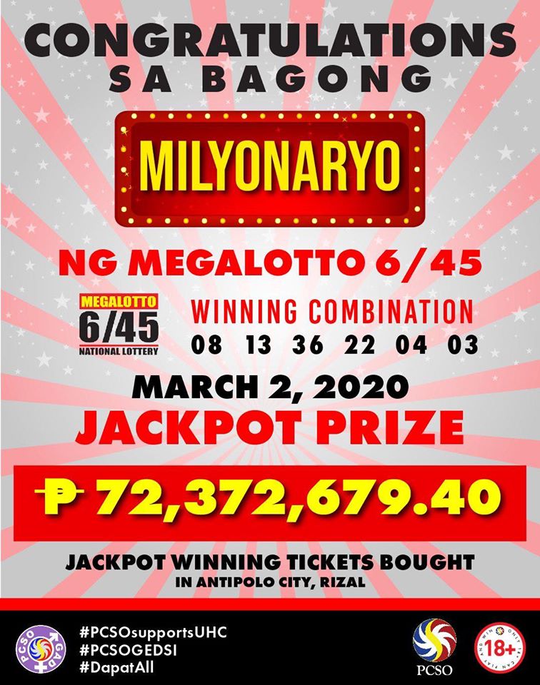 Bettor from Antipolo wins P72M lotto jackpot - The Filipino Times