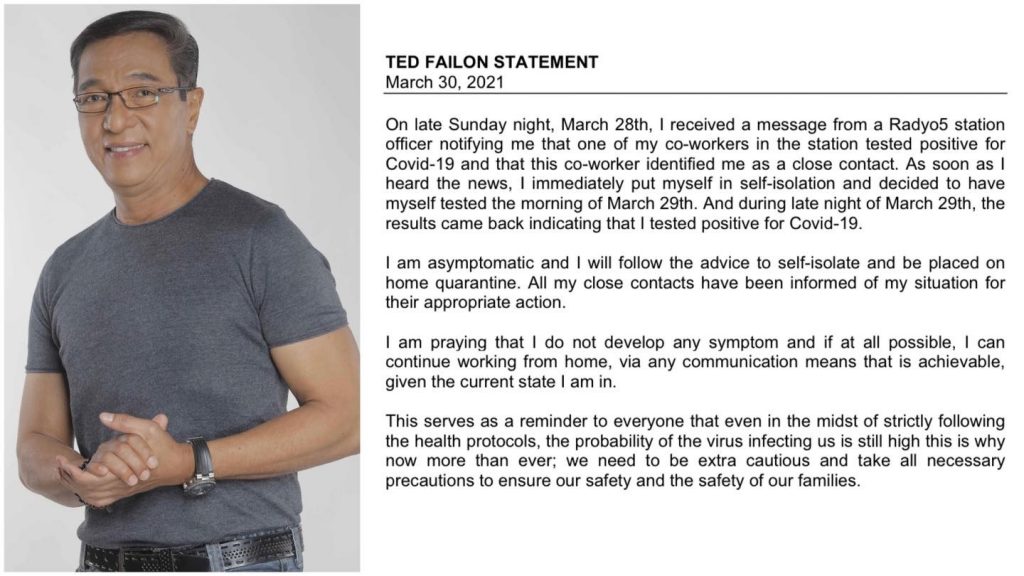 Ted Failon tests positive for COVID-19 - The Filipino Times