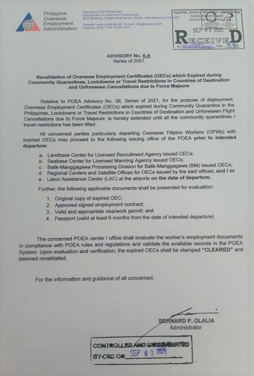 Validity of OECs that expired during community quarantine extended—POEA ...