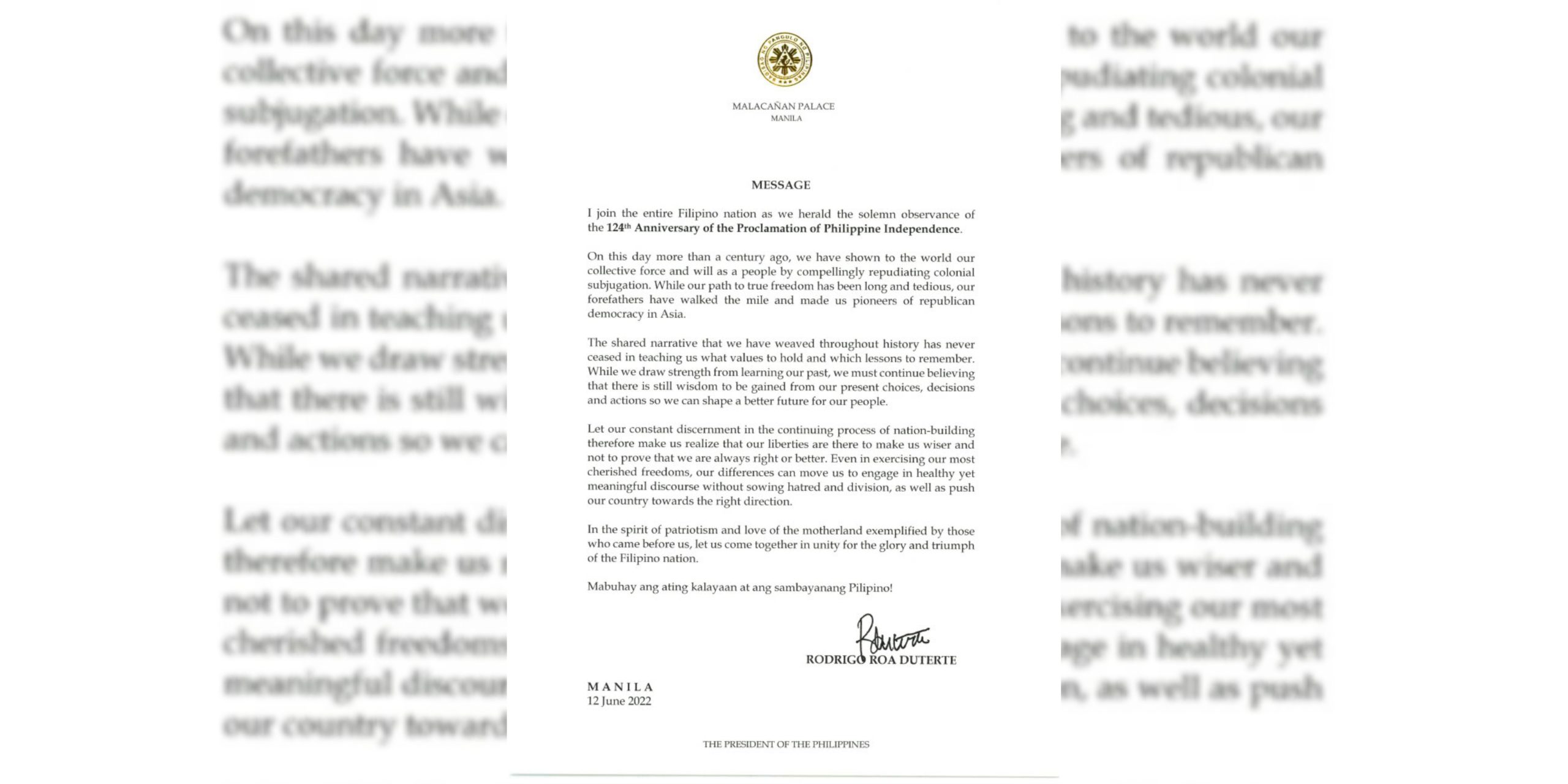 READ: President Rodrigo Duterte's message for our 124th Philippine ...