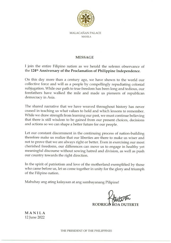 READ: President Rodrigo Duterte's message for our 124th Philippine ...