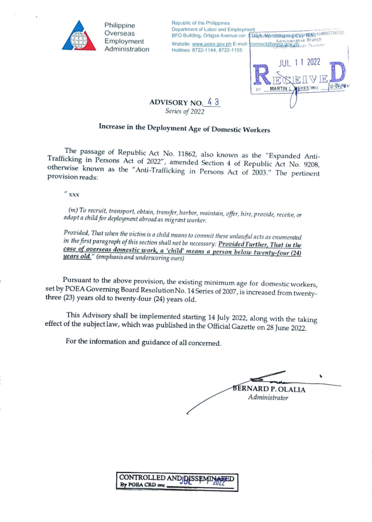 POEA: Filipinos must be at least 24 years-old to be eligible to work ...