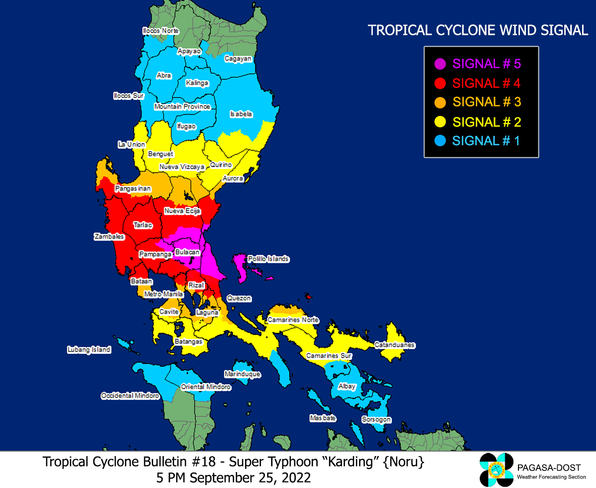 Signal no. 5 alert for Super Typhoon "Karding" expands to over 8 areas in Luzon - PAG-ASA - The ...