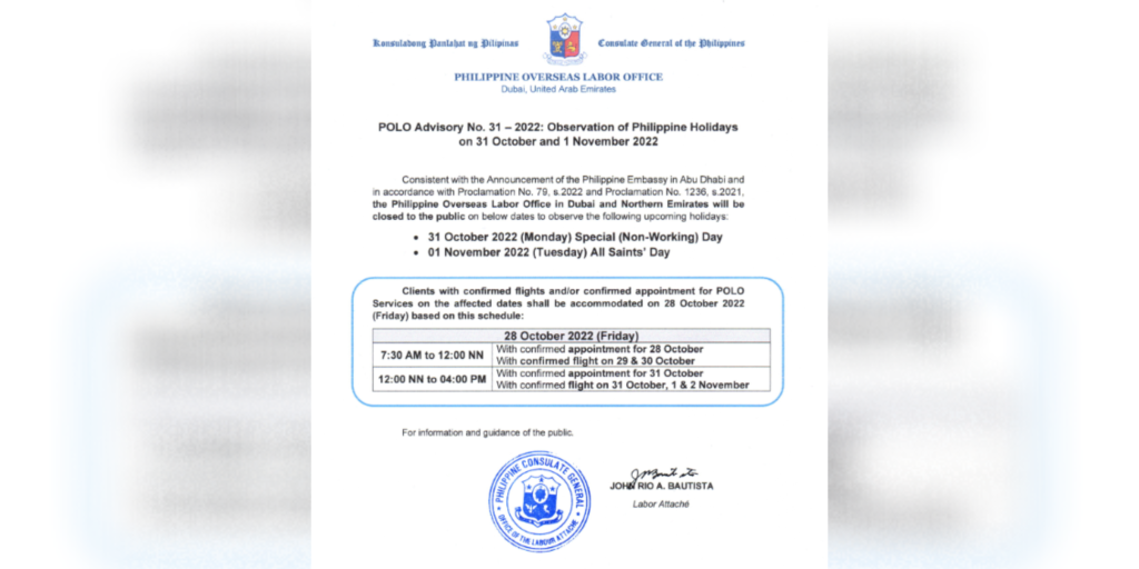 POLO Dubai to close on the observance of Philippine holidays on October ...