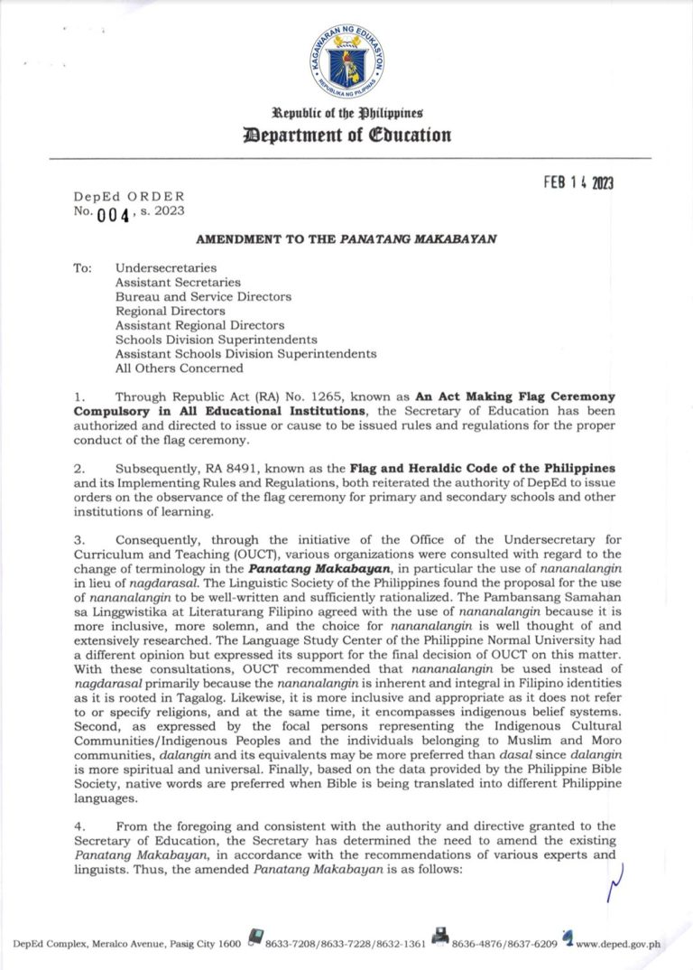 DepEd makes revision to ‘Panatang Makabayan' - The Filipino Times