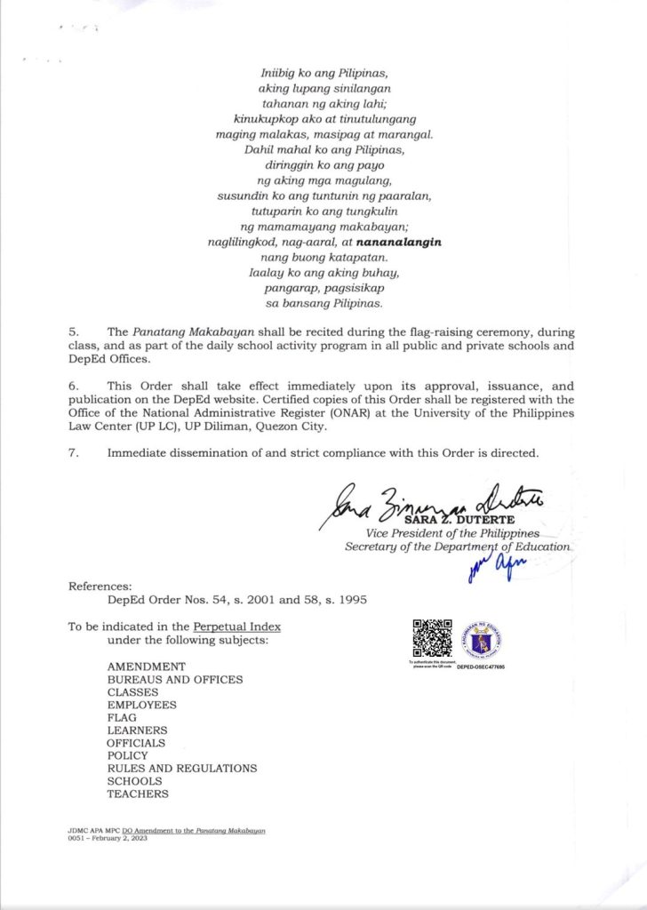 DepEd makes revision to ‘Panatang Makabayan’ – The Filipino Times