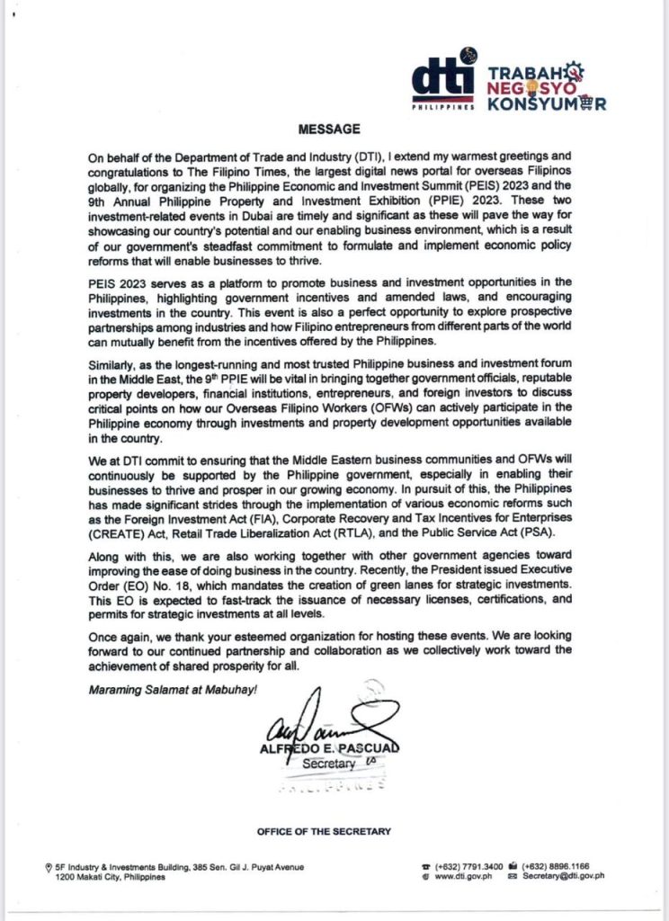 DTI Secretary commends The Filipino Times for organizing key investment ...