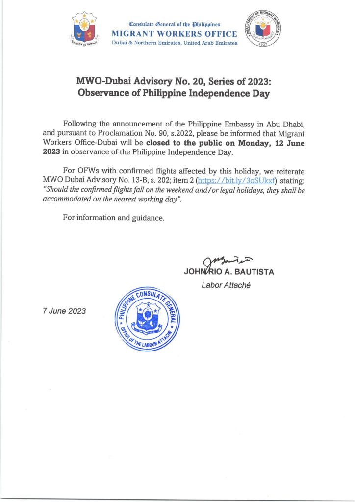 Migrant Workers Office (MWO) Dubai to close in observance of Philippine Independence Day - The ...