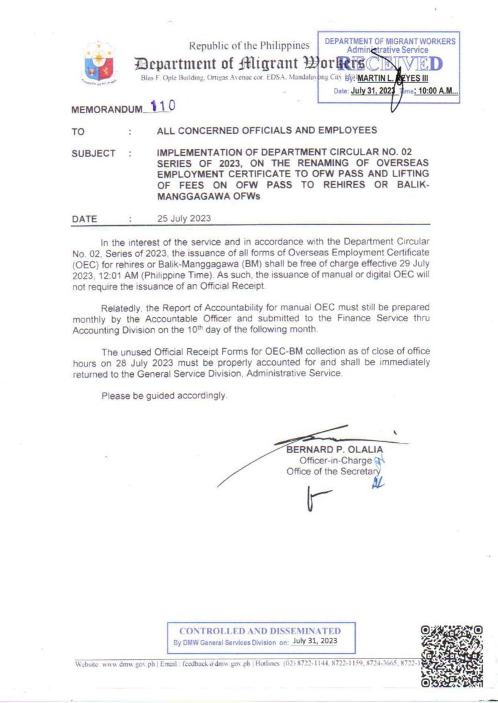 DMW announces free issuance of OEC for Balik-Manggagawa - The Filipino ...