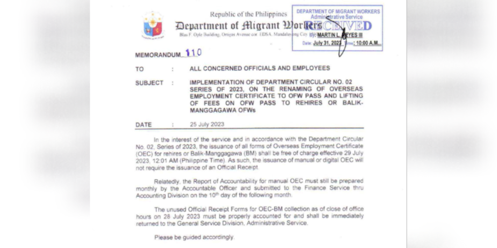 DMW announces free issuance of OEC for Balik-Manggagawa - The Filipino ...