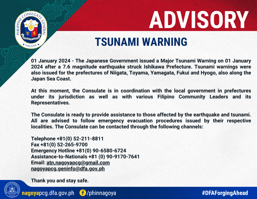 No Filipino casualties reported in fatal Japan earthquake, confirms DFA ...