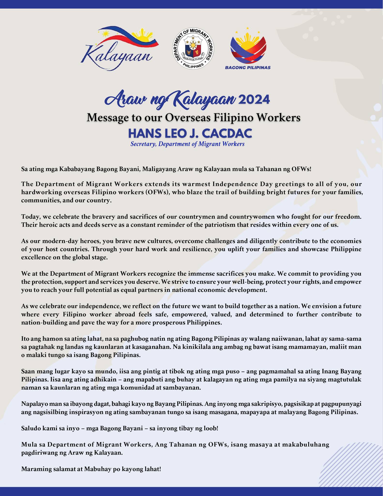 DMW Secretary recognizes OFWs on Philippine Independence Day - The ...